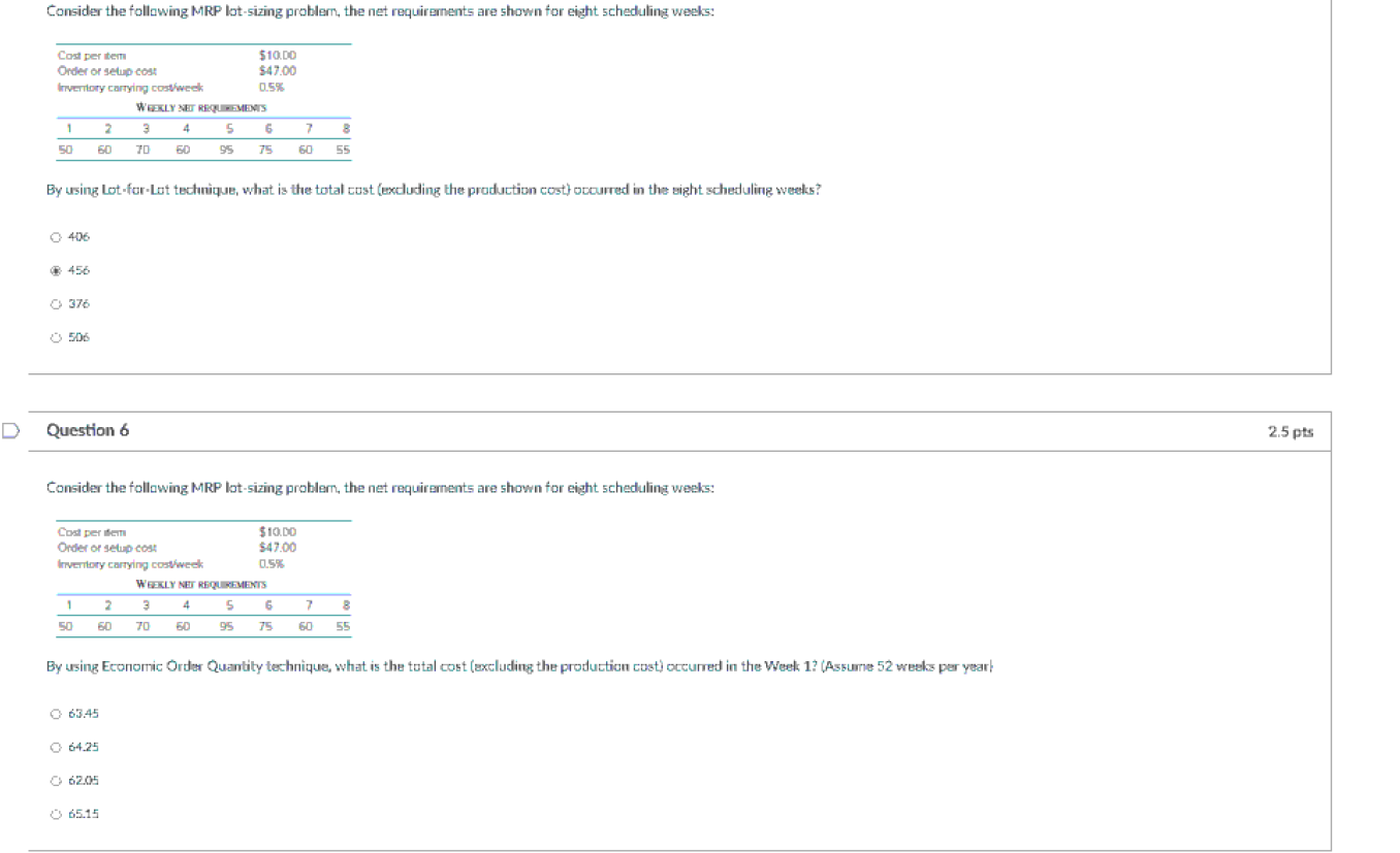 Solved Consider the following MRP lot-sizing problem, the | Chegg.com