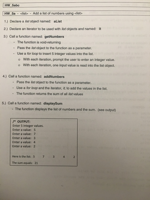 Solved HW 5abc HW 5a-clist - Add a list of numbers using | Chegg.com