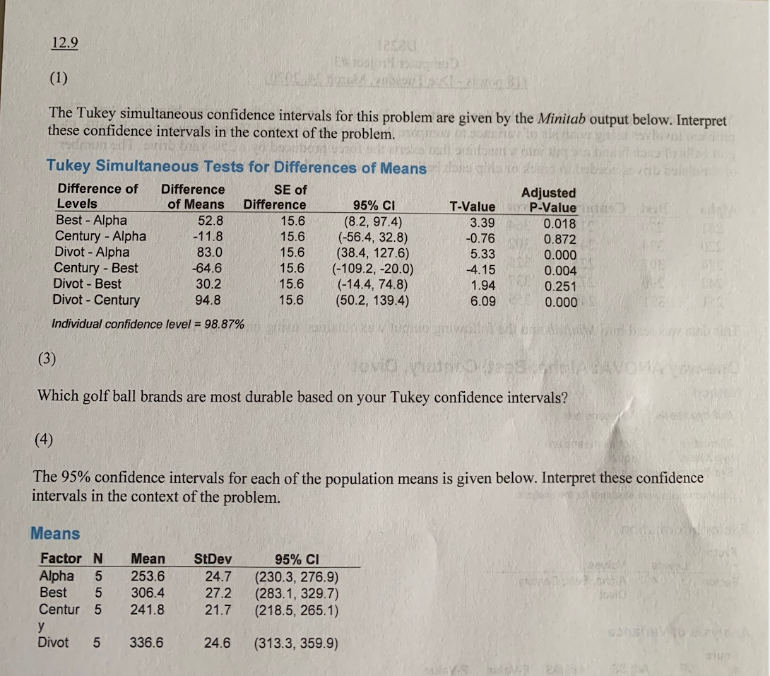 Solved 12.9 (1) BUS The Tukey simultaneous confidence | Chegg.com