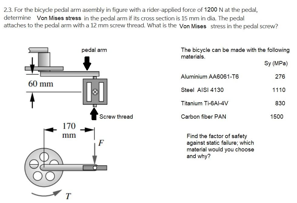 Solved 2.3. For the bicycle pedal arm asembly in figure with | Chegg.com