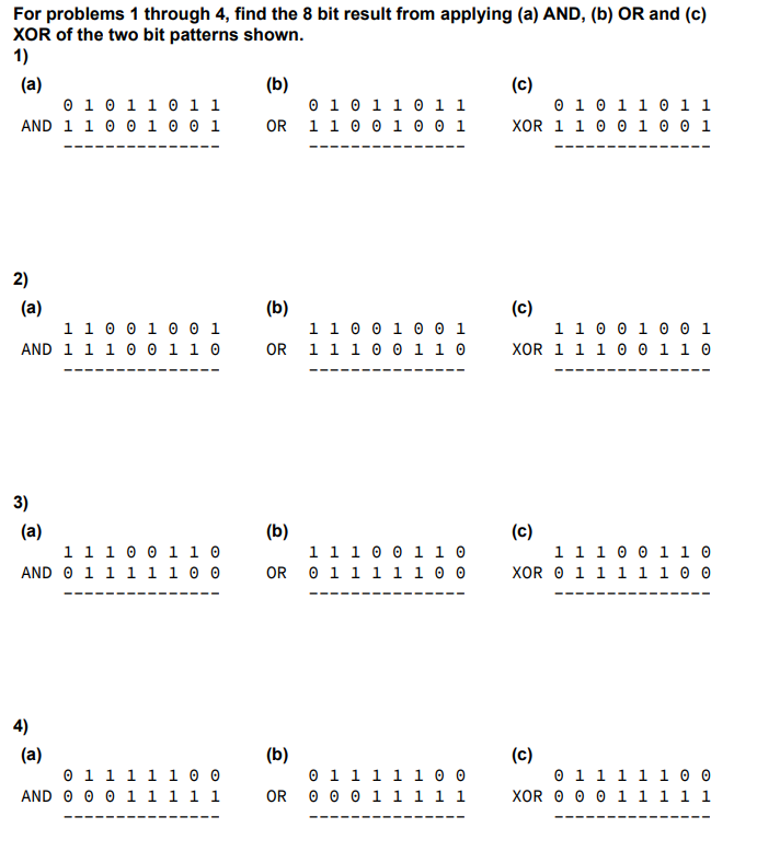 Solved For problems 1 through 4, find the 8 bit result from | Chegg.com