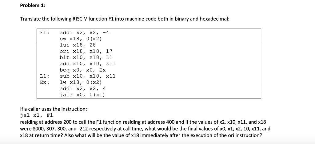 Problem 1: Translate the following RISC-V function F1 | Chegg.com