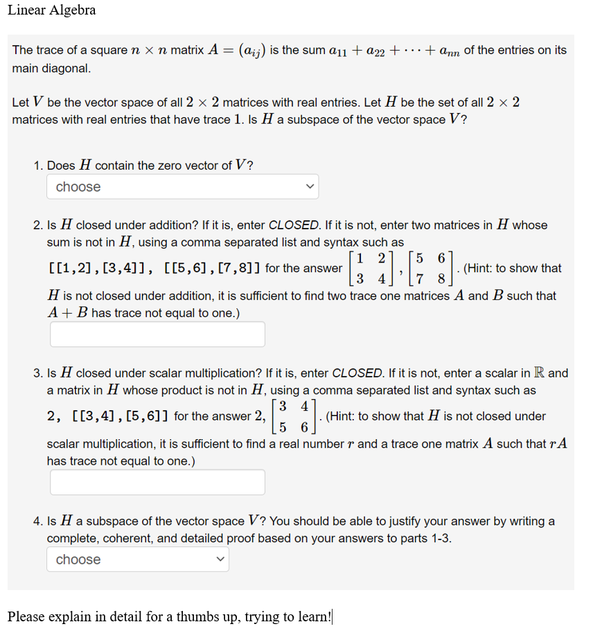 Solved Linear Algebra The trace of a square n x n matrix A = | Chegg.com