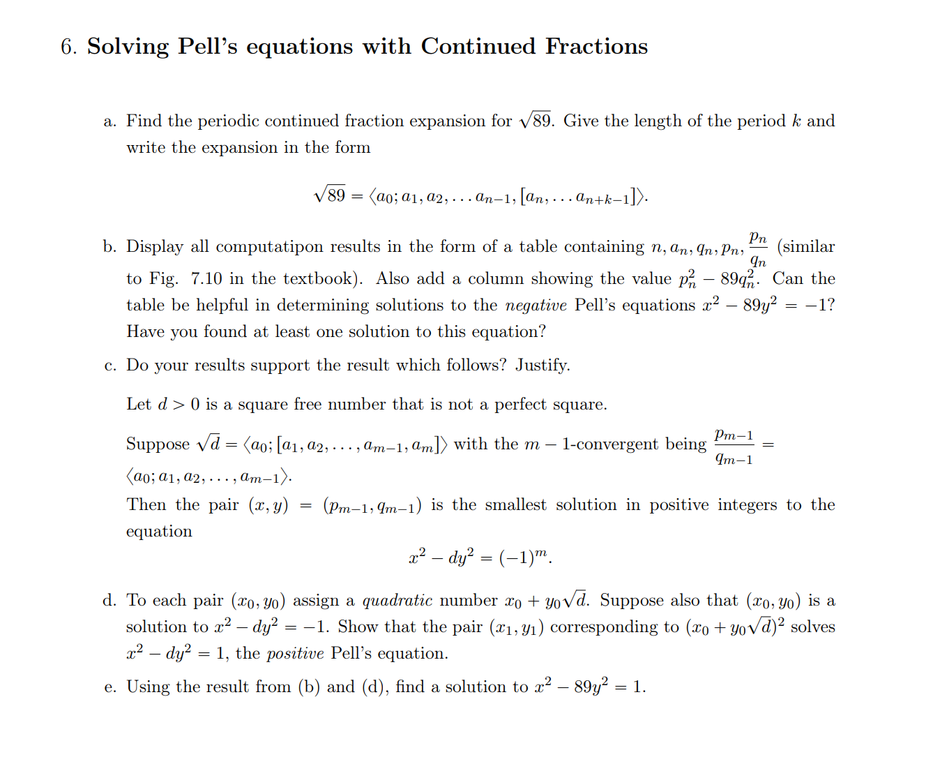 Solved 6. Solving Pell's equations with Continued Fractions | Chegg.com