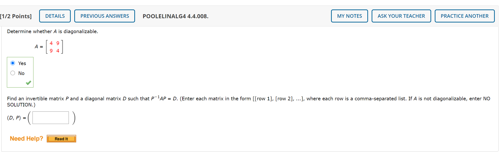 Solved [1/2 Points] DETAILS PREVIOUS ANSWERS POOLELINALG4 | Chegg.com