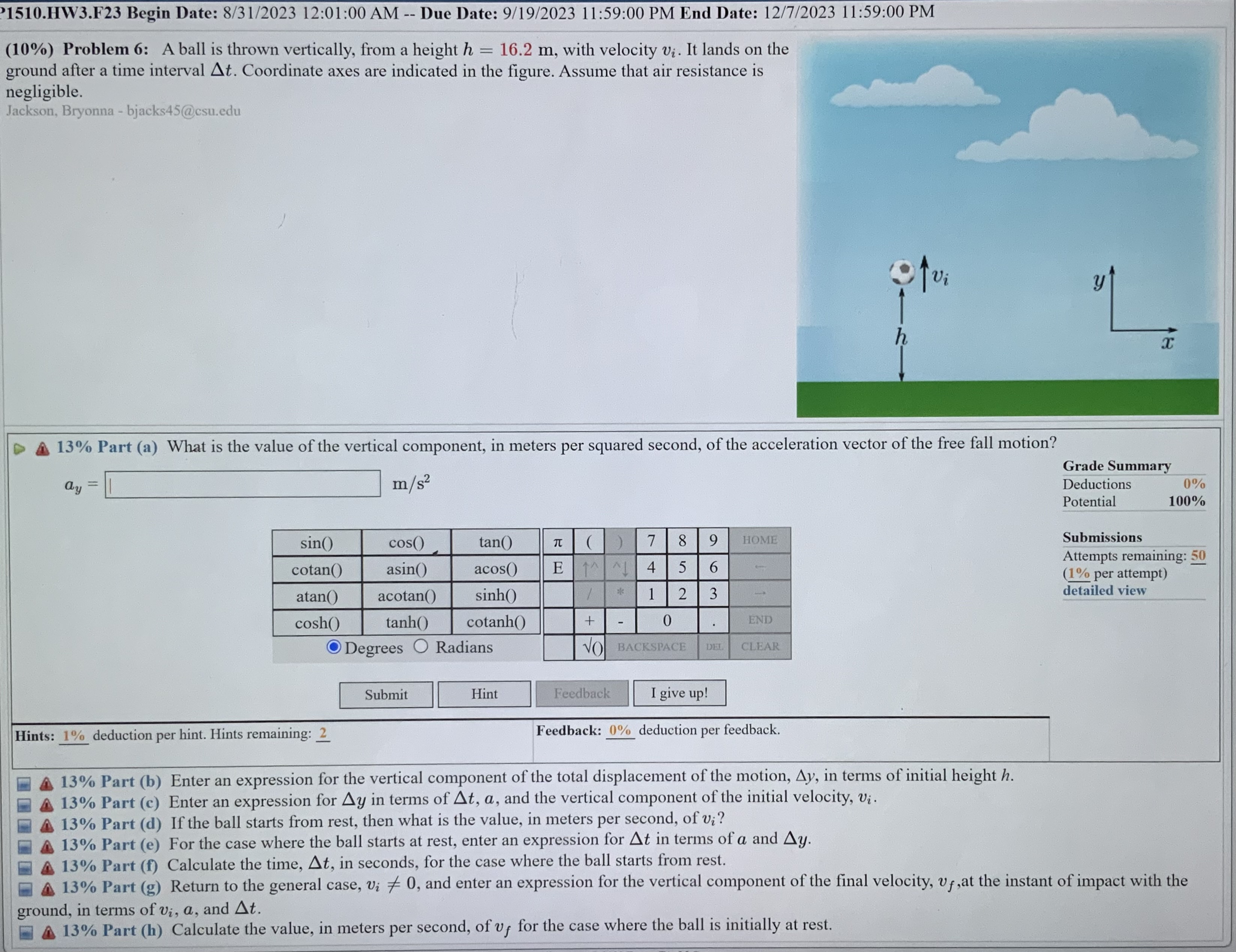 Solved (10\%) Problem 6: A ball is thrown vertically, from a | Chegg.com
