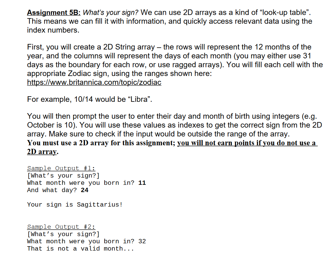 Assignment 5B: What's your sign? We can use 2D arrays | Chegg.com