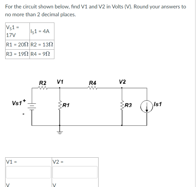 Solved For the circuit shown below, find V1 and V2 in Volts | Chegg.com
