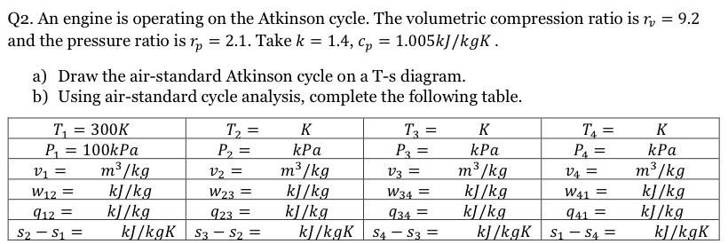 Solved Q2. An engine is operating on the Atkinson cycle. The | Chegg.com