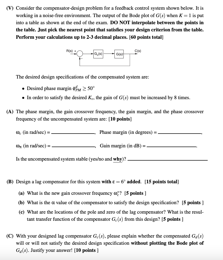 (V) Consider the compensator-design problem for a | Chegg.com