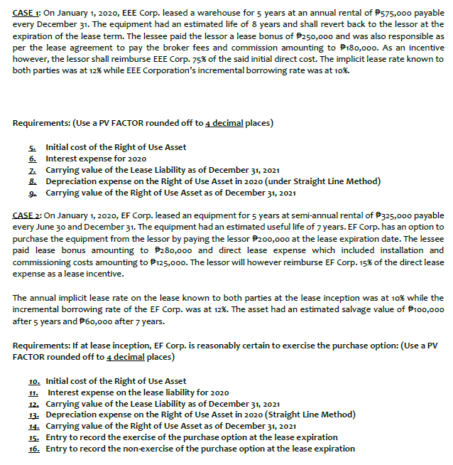 Solved CASE 1: On January 1, 2020, EEE Corp. leased a | Chegg.com