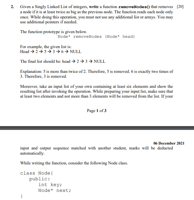 Solved 2 Given A Singly Linked List Of Integers Write A 