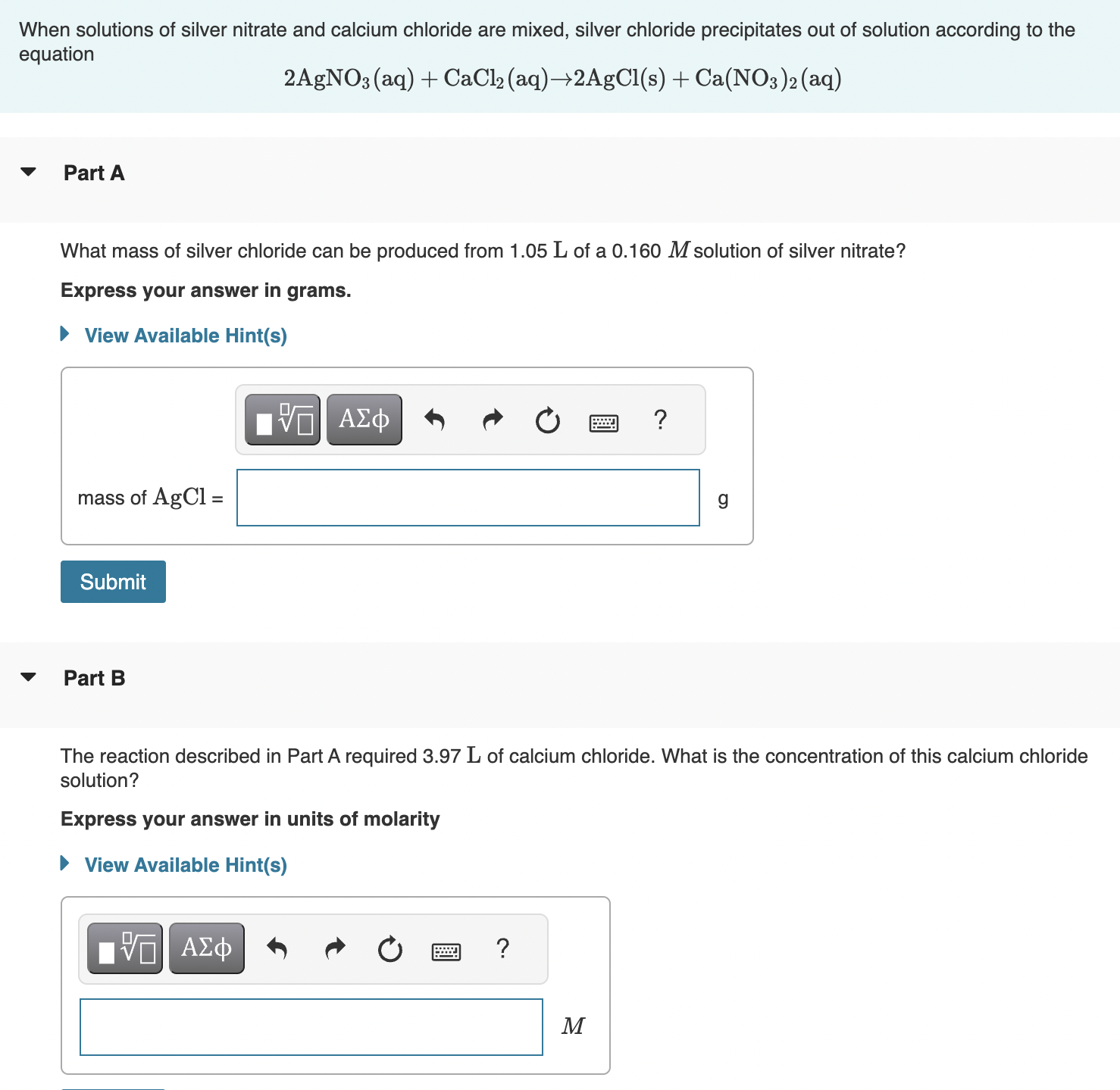 Solved 2AgNO3(aq)+CaCl2(aq)→2AgCl(s)+Ca(NO3)2(aq) Part A | Chegg.com