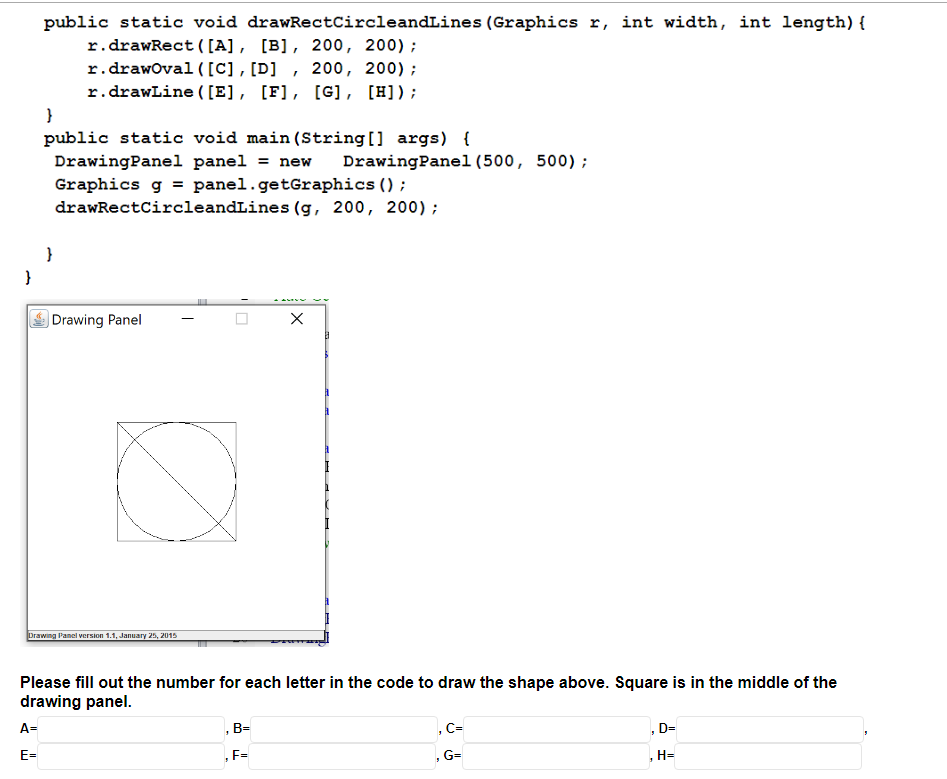 Solved public static void drawRectCircleandLines (Graphics | Chegg.com