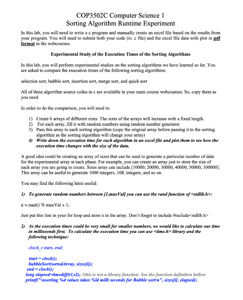 COP3502C Computer Science 1 Sorting Algorithm Runtime | Chegg.com