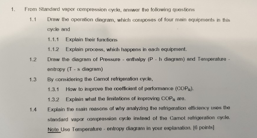 Solved 1. From Standard vapor compression cycle, answer the | Chegg.com