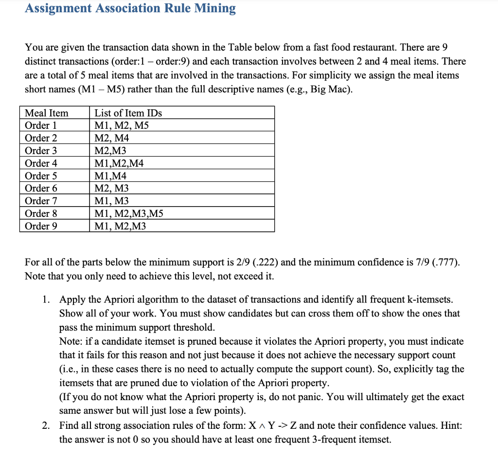 Solved Assignment Association Rule Mining You are given the | Chegg.com