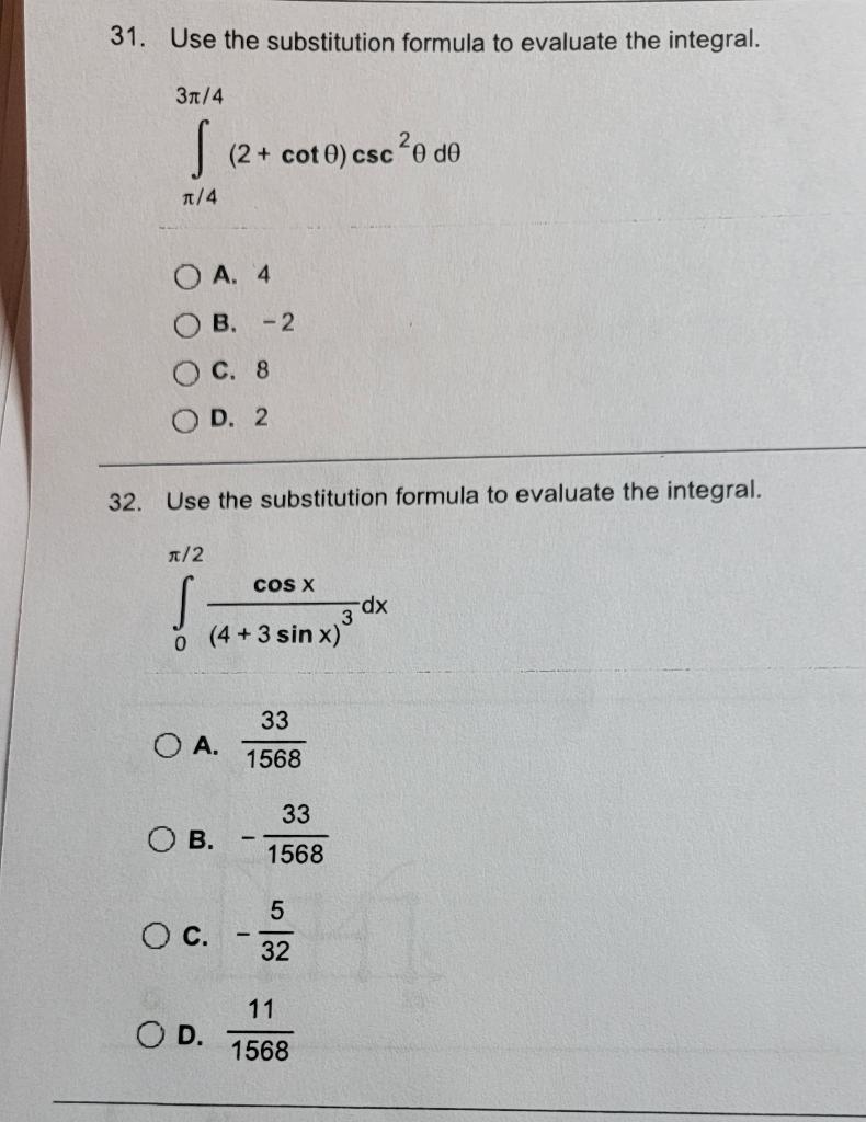 Solved 31. Use the substitution formula to evaluate the | Chegg.com