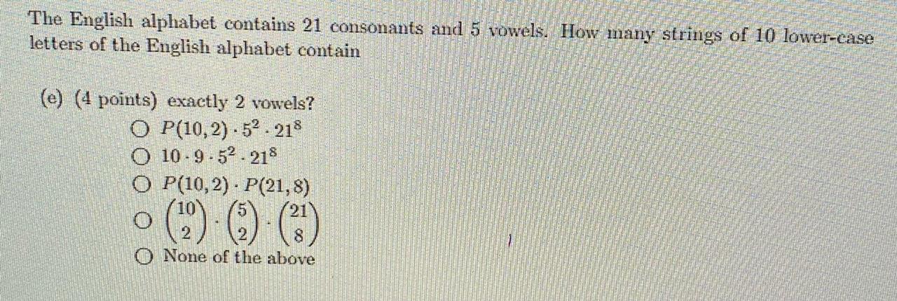 Solved The English alphabet contains 21 consonants and 5 | Chegg.com