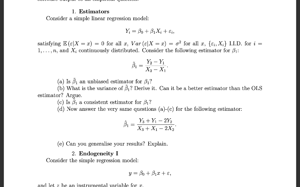 Solved 1. Estimators Consider a simple linear regression | Chegg.com