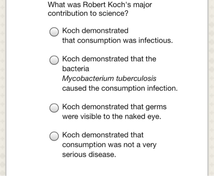 Solved What was Robert Koch's major contribution to science? | Chegg.com