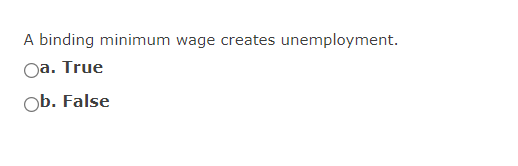 Solved A binding minimum wage creates unemployment. oa. True | Chegg.com