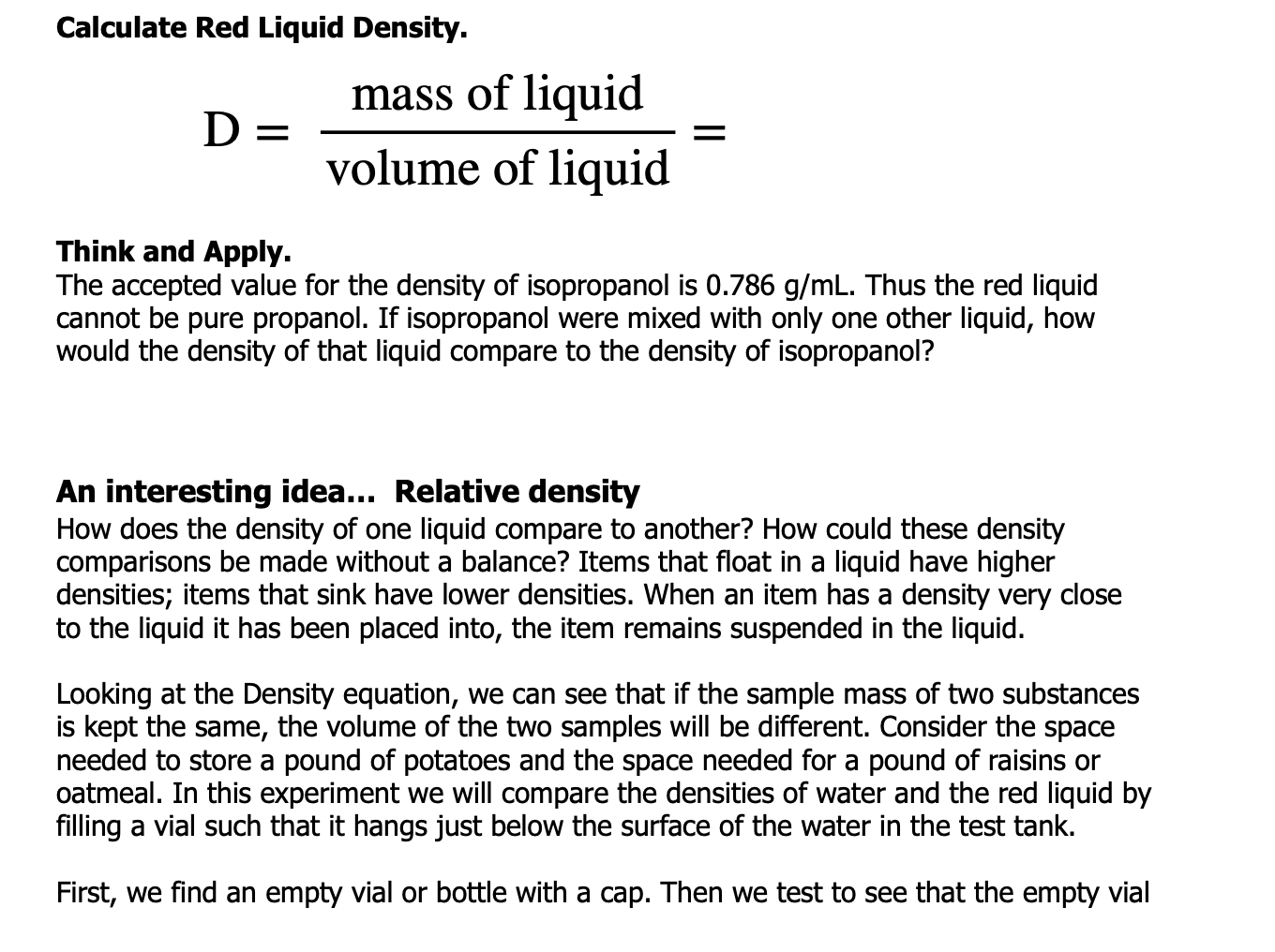 Calculate Red Liquid Density. mass of liquid D= | Chegg.com