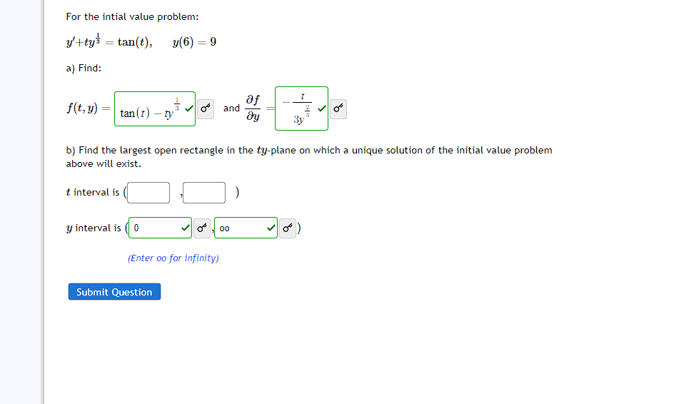 Solved For the intial value problem: y′+ty31=tan(t),y(6)=9 | Chegg.com
