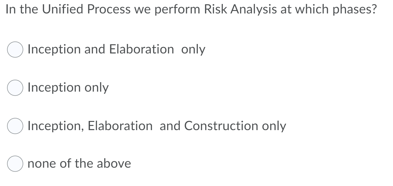 Solved In the Unified Process we perform Risk Analysis at | Chegg.com