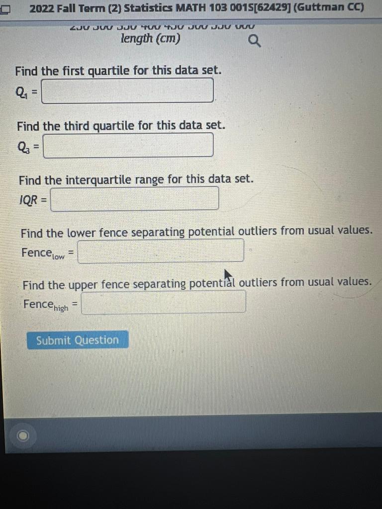 Solved length (cm) Q. Find the first quartile for this data | Chegg.com