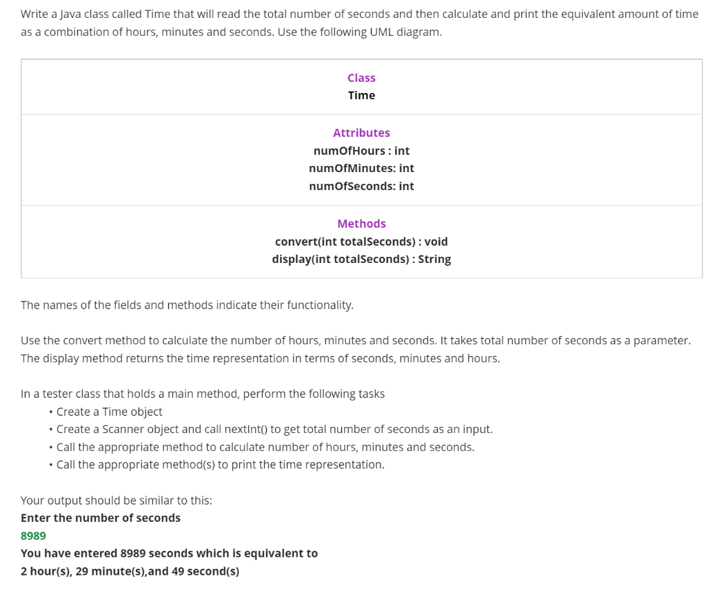 Solved Write a Java class called Time that will read the | Chegg.com