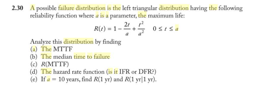 Solved 2.30 A possible failure distribution is the left | Chegg.com