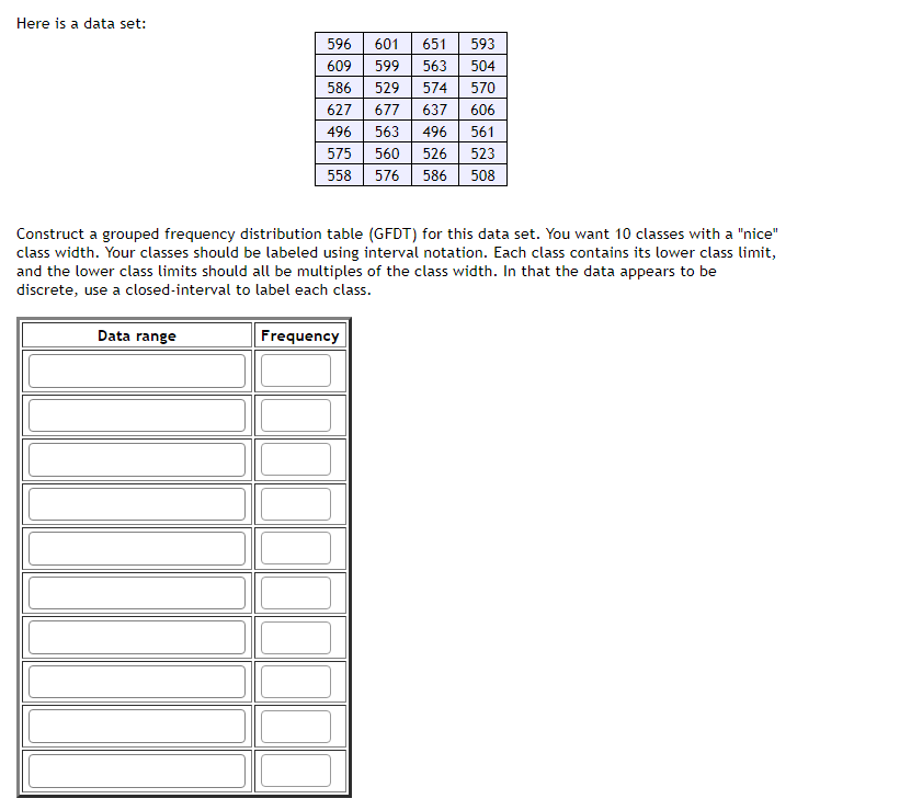 Solved Here is a data set: Construct a grouped frequency | Chegg.com