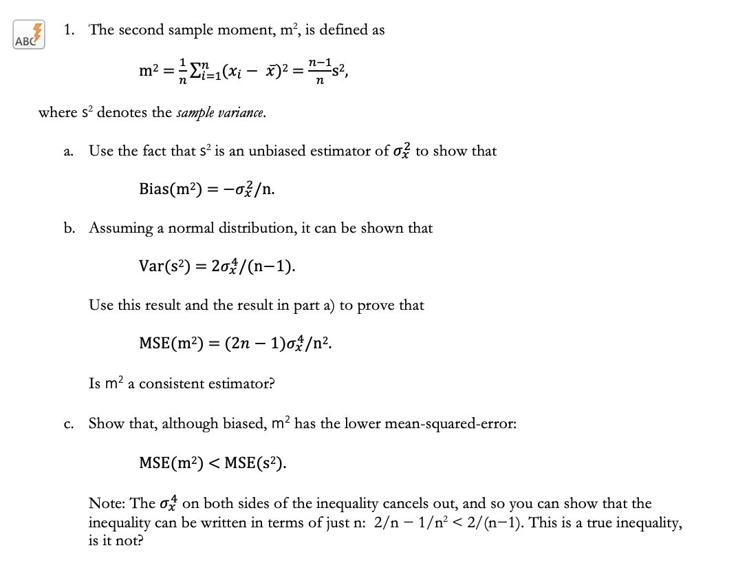 1. The second sample moment, m2, is defined as | Chegg.com