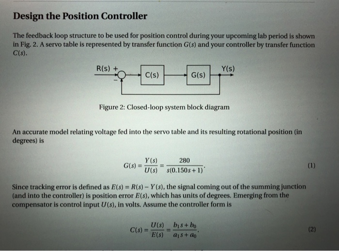 Solved Design the Position Controller The feedback loop | Chegg.com