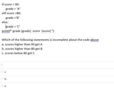 Solved if score > 90: > : grade A elif score >80: grade ='B' | Chegg.com