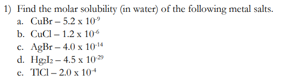 Solved 1) Find the molar solubility (in water) of the | Chegg.com