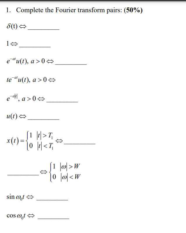 Solved 1. Complete the Fourier transform pairs: (50%) 8(t) 1 | Chegg.com