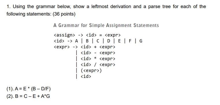 Solved 1. Using the grammar below, show a leftmost | Chegg.com