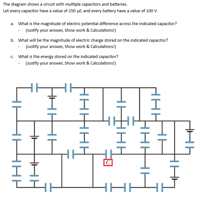 Solved The diagram shows a circuit with multiple capacitors | Chegg.com
