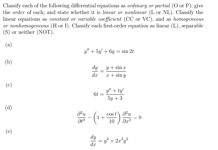 Solved Classify each of the following differential equations | Chegg.com