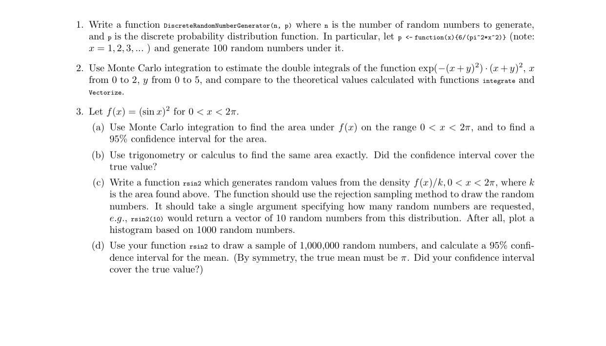 1. Write a function DiscreteRandomNumber Generator | Chegg.com