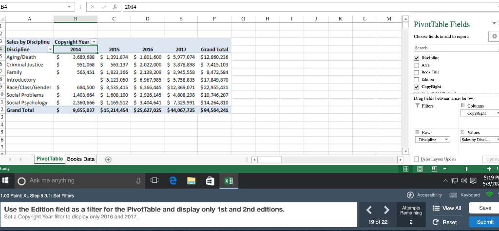 1 XV & 2014 в с K L M Pivot Table Fields Choise | Chegg.com