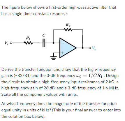 Solved The figure below shows a first-order high-pass active | Chegg.com