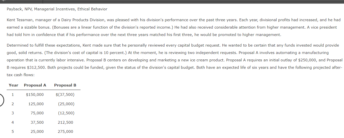 Payback, NPV, Managerial Incentives, Ethical Behavior | Chegg.com