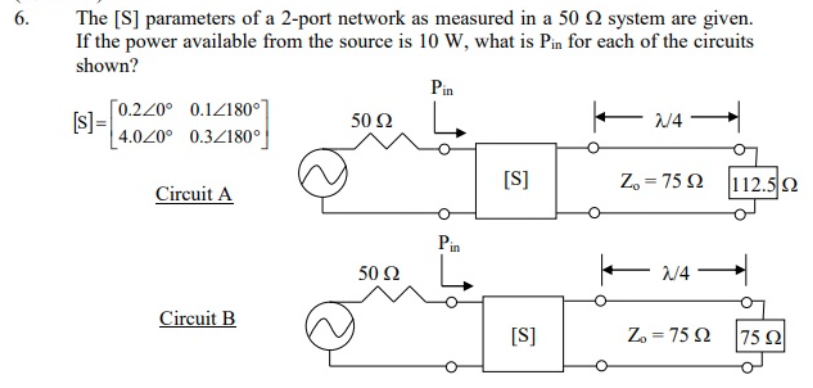 Solved 6. The [S] parameters of a 2-port network as measured | Chegg.com