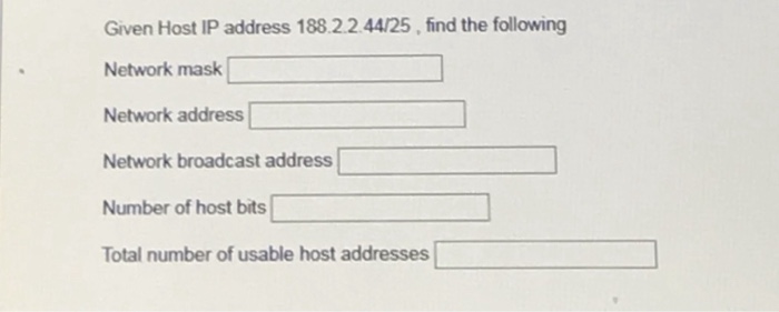 Solved Given Host IP address 188.2.2.144/25, find the | Chegg.com