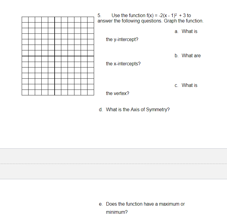 Solved 5. Use the function f(x)=−2(x−1)2+3 to answer the | Chegg.com