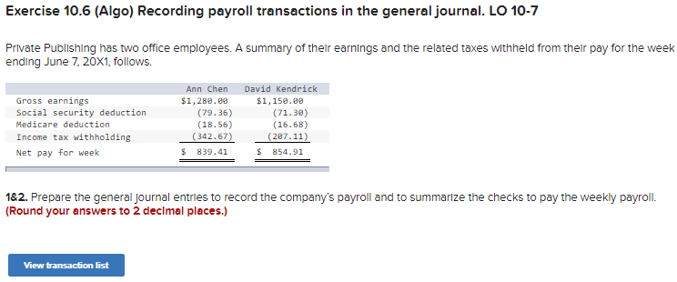 Solved Exercise 10.6 (Algo) Recording payroll transactions | Chegg.com