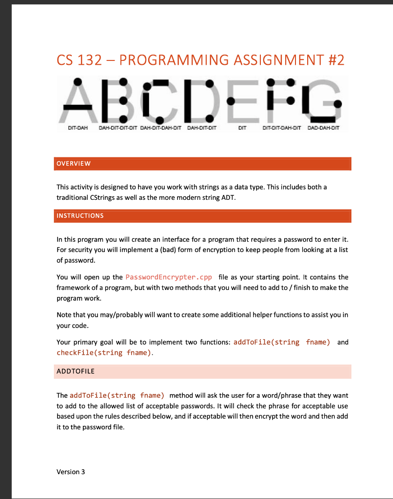 Solved CS 132 – PROGRAMMING ASSIGNMENT #2 ABCDEFG DIT-DAH | Chegg.com